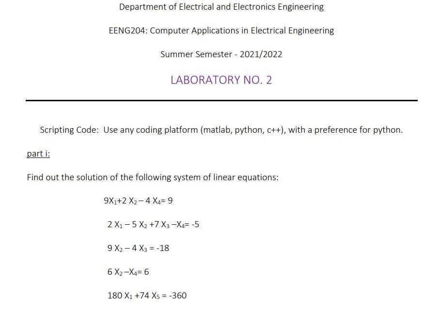 Solved Department of Electrical and Electronics Engineering | Chegg.com