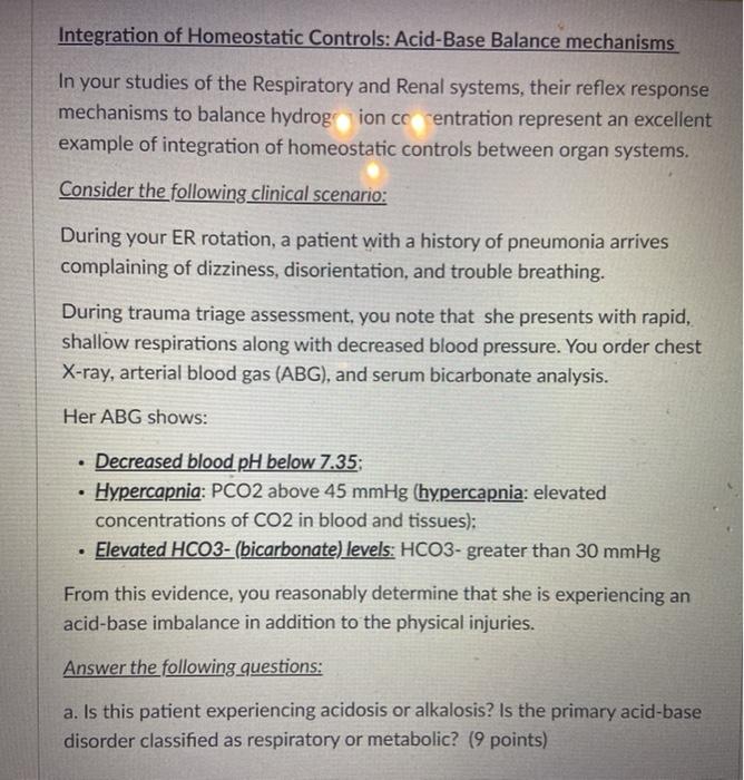 Solved Integration of Homeostatic Controls: Acid-Base | Chegg.com