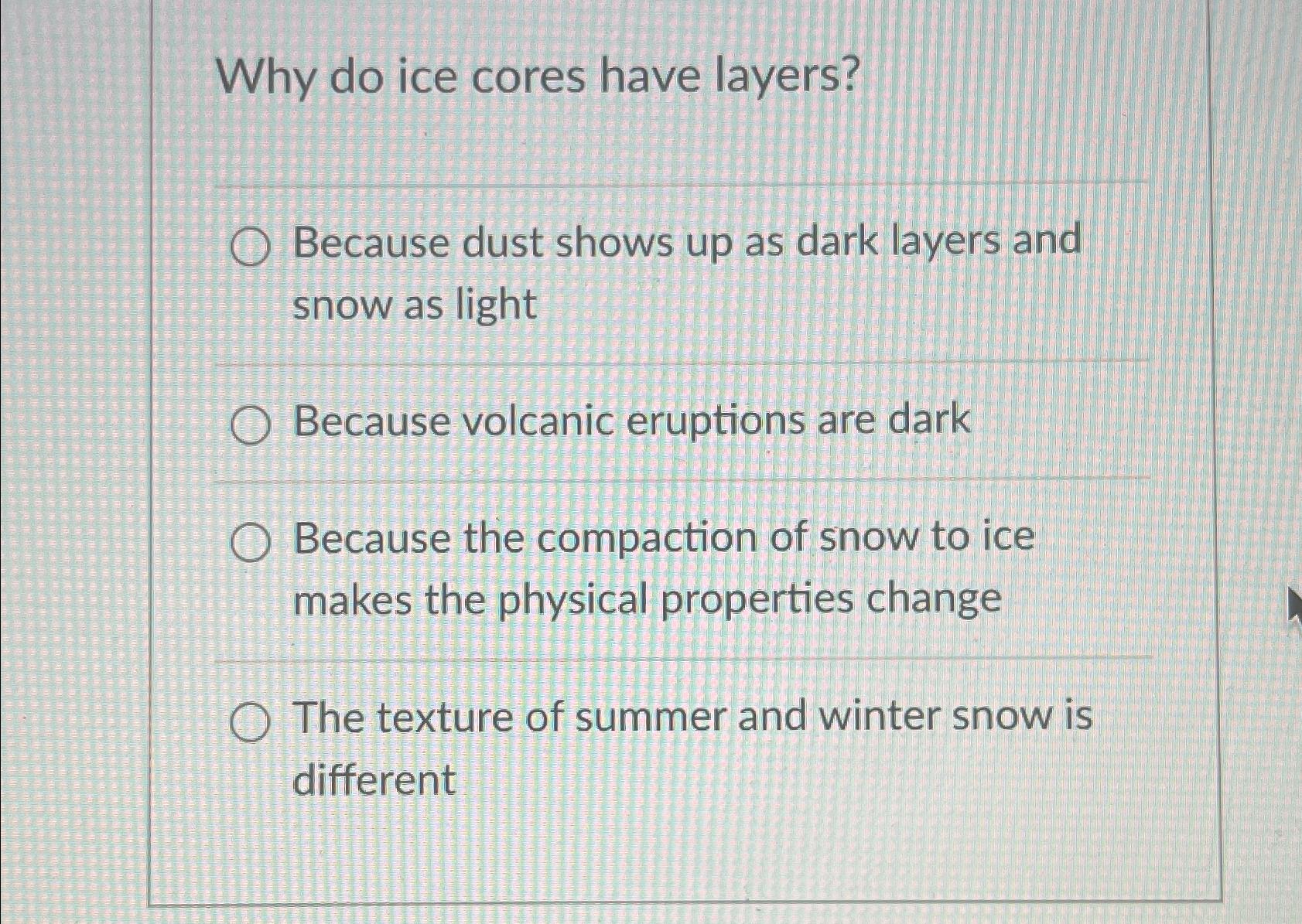 Solved Why do ice cores have layers?Because dust shows up as | Chegg.com