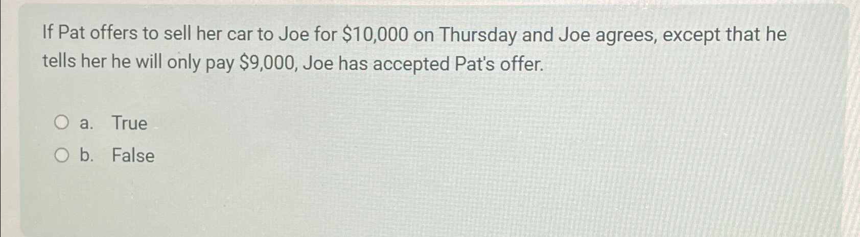 Solved If Pat offers to sell her car to Joe for $10,000 ﻿on | Chegg.com