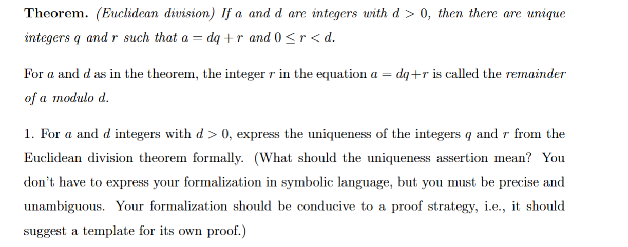 Solved Theorem. (Euclidean division) ﻿If \( ﻿a \) ﻿and \( ﻿d | Chegg.com