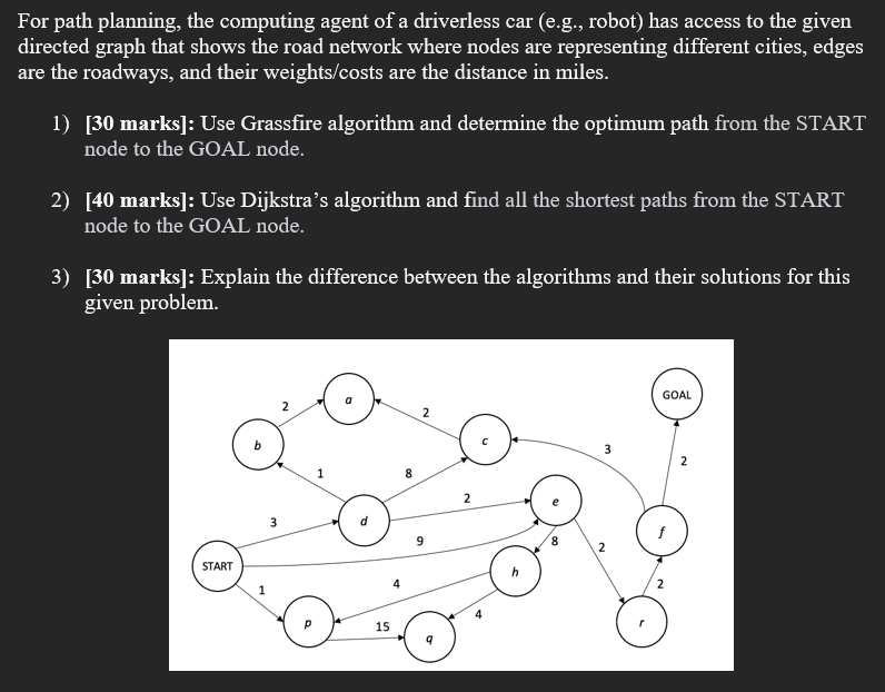 Solved For path planning, the computing agent of a | Chegg.com