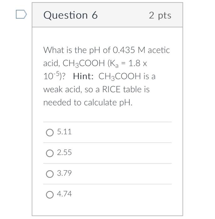 Solved What is the pH of 0.435M acetic acid, CH3COOH(Ka=1.8x | Chegg.com