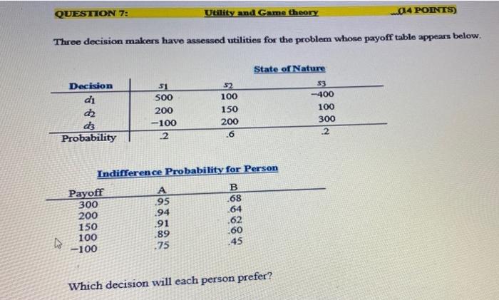 Solved QUESTION 7: Utility and Game theory 04 POINTS) Three | Chegg.com