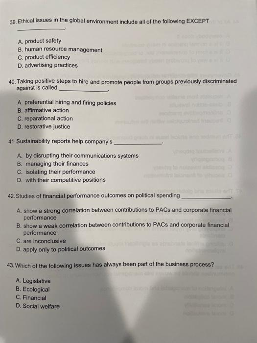 Solved 39. Ethical issues in the global environment include | Chegg.com