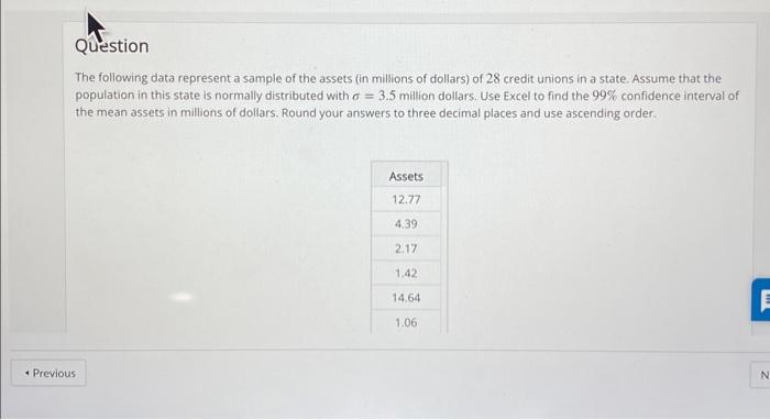 The following data represent a sample of the assets | Chegg.com
