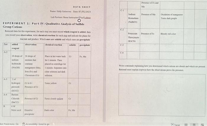 EXPERIMENT 1: Part IV: Qualitative Analysis of | Chegg.com