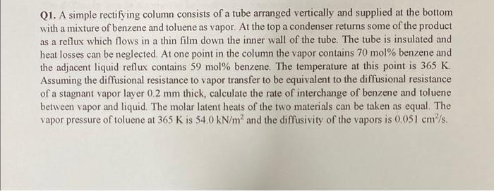 Solved Q1. A simple rectifying column consists of a tube | Chegg.com