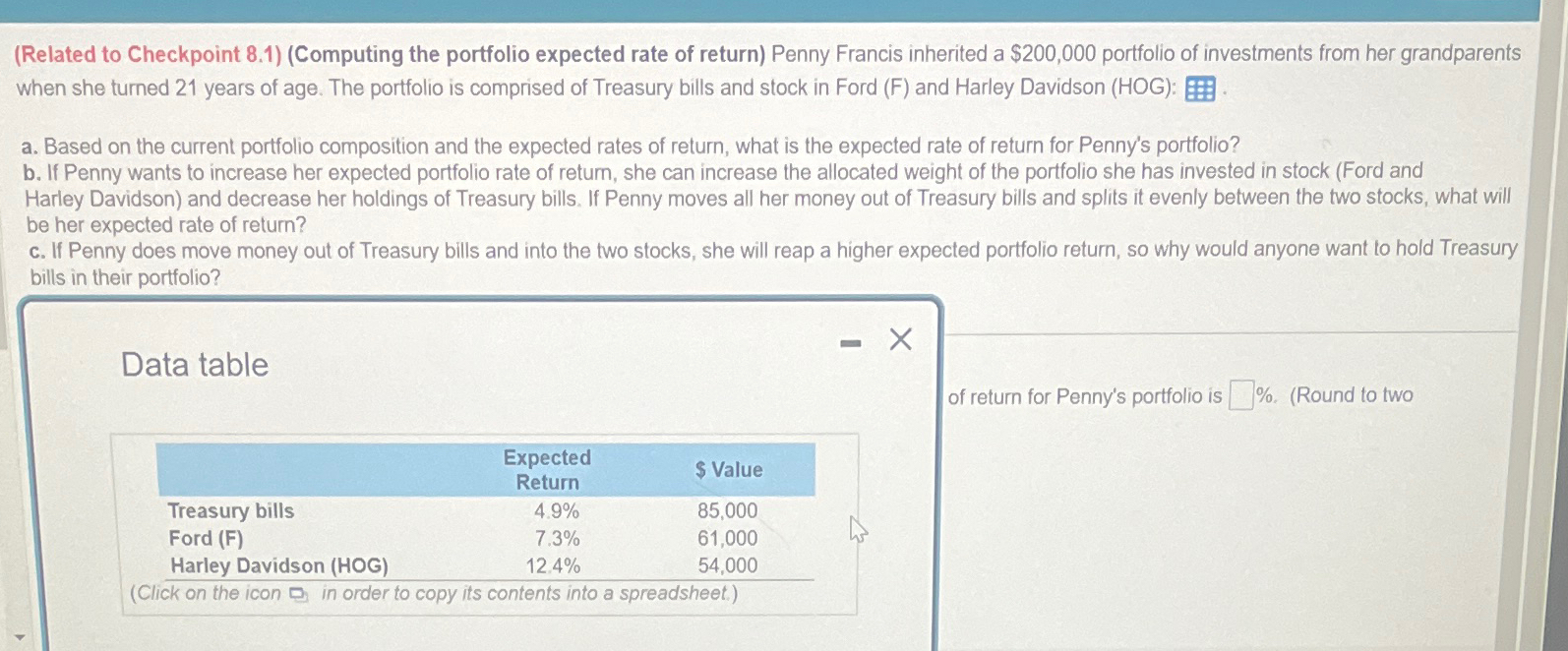 (Related to Checkpoint 8.1) (Computing the portfolio | Chegg.com