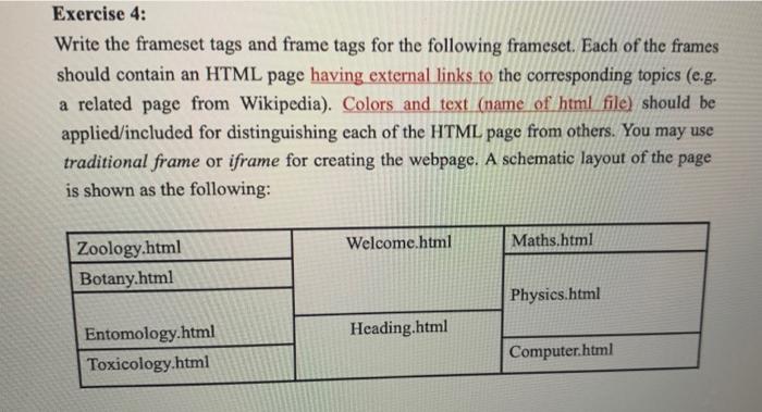 Solved Exercise 4: Write the frameset tags and frame tags | Chegg.com