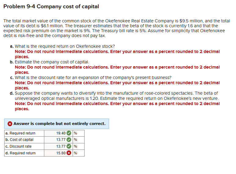 Solved Problem 9-4 ﻿Company cost of capital The total market | Chegg.com