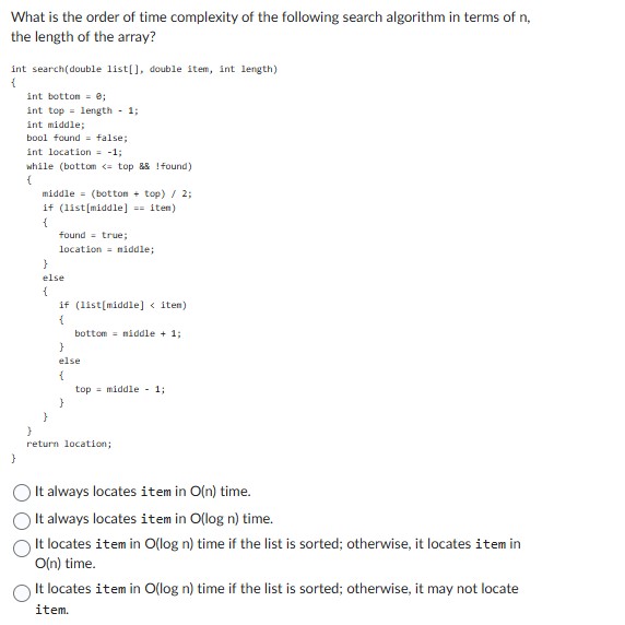Solved What is the order of time complexity of the following | Chegg.com