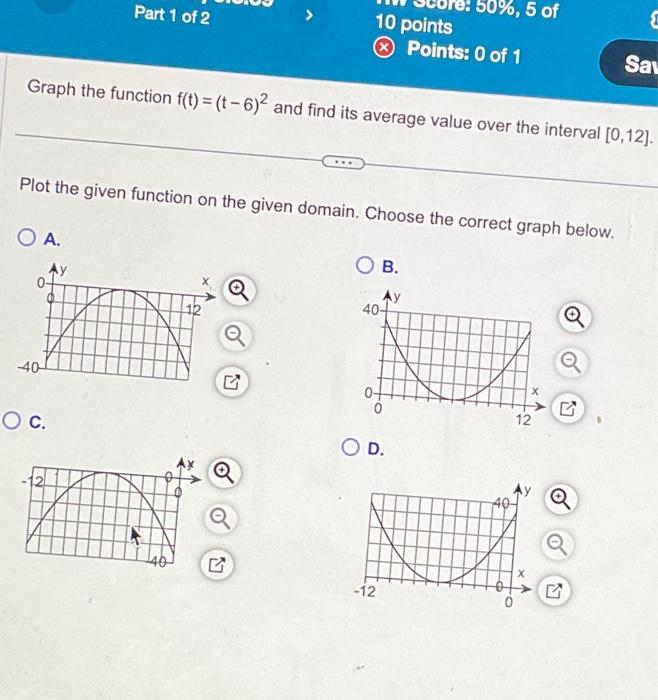 Solved Graph the function f(t)=(t−6)2 and find its average | Chegg.com