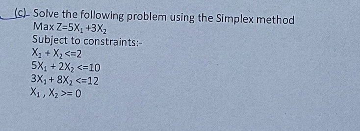 Solved (c) ﻿Solve the following problem using the Simplex | Chegg.com