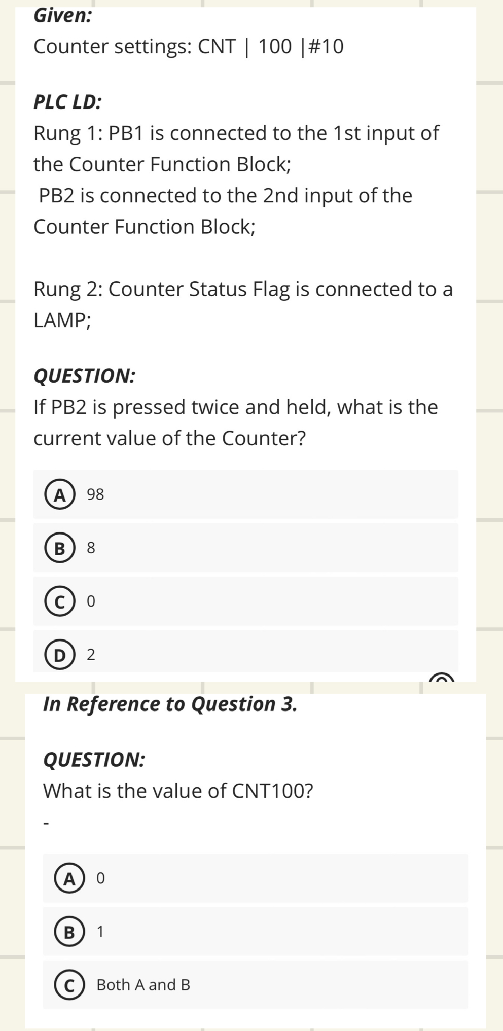Solved Given:Counter settings: CNT | 100 |#10PLC LD:Rung 1: | Chegg.com