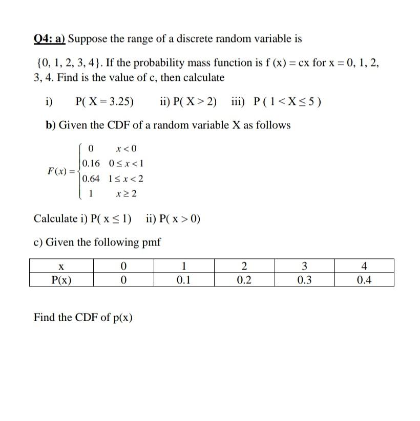 Solved 04: a) Suppose the range of a discrete random | Chegg.com