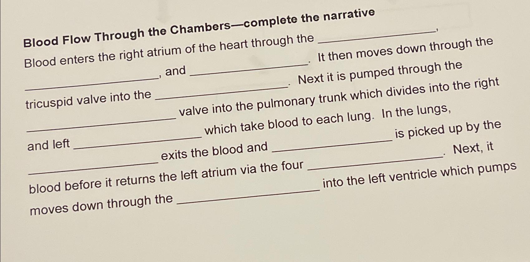 Solved Blood Flow Through the Chambers-complete the | Chegg.com