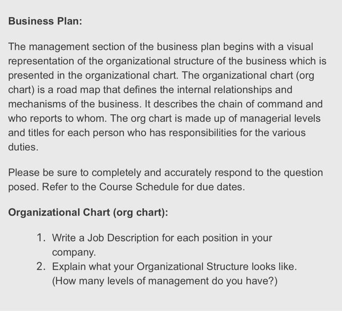 Solved Business Plan: The management section of the business | Chegg.com