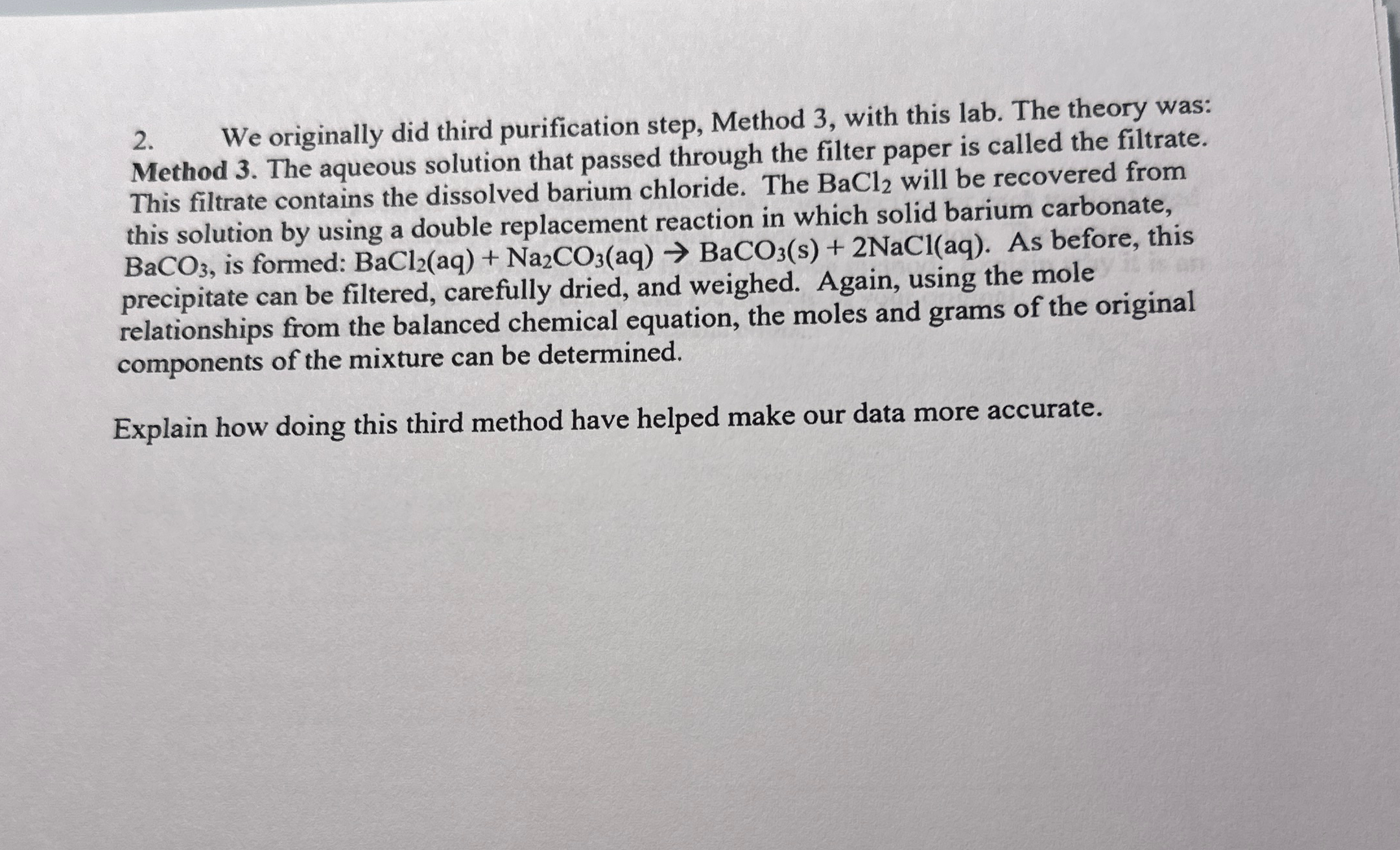 Solved We originally did third purification step, Method 3, | Chegg.com