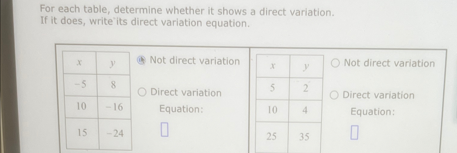 Solved For each table, determine whether it shows a direct | Chegg.com