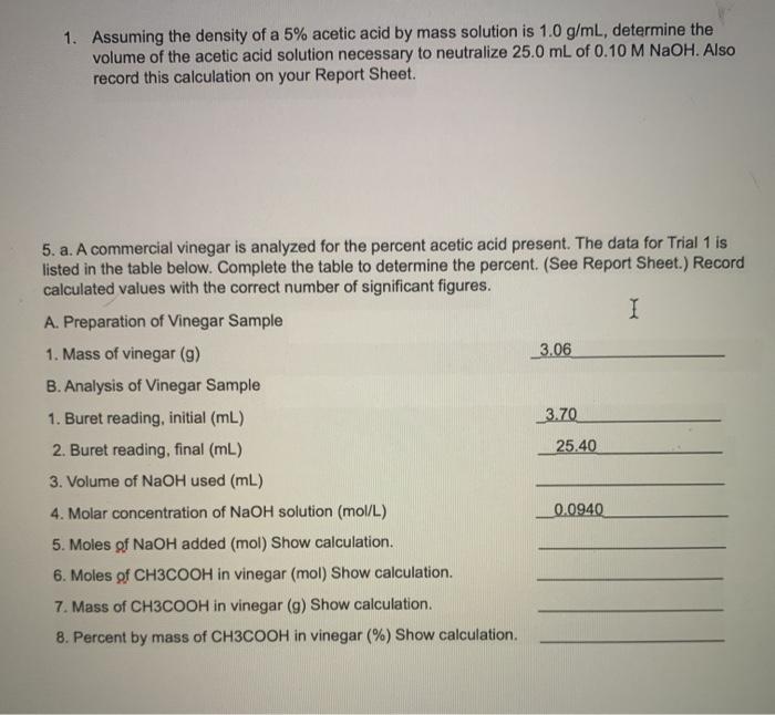 Solved 1. Assuming the density of a 5% acetic acid by mass | Chegg.com