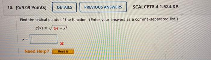 Solved 10. [0/9.09 Points] DETAILS PREVIOUS ANSWERS SCALCET8 | Chegg.com