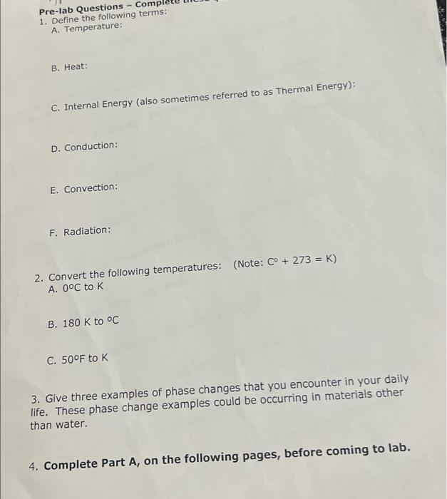 Solved Pre-lab Questions - Complect 1. Define the following | Chegg.com