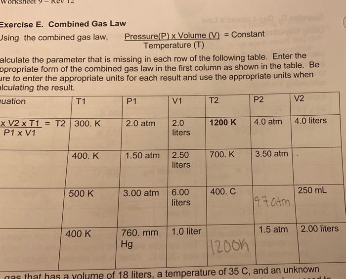 Solved Workshed Exercise E. Combined Gas Law Jsing the | Chegg.com