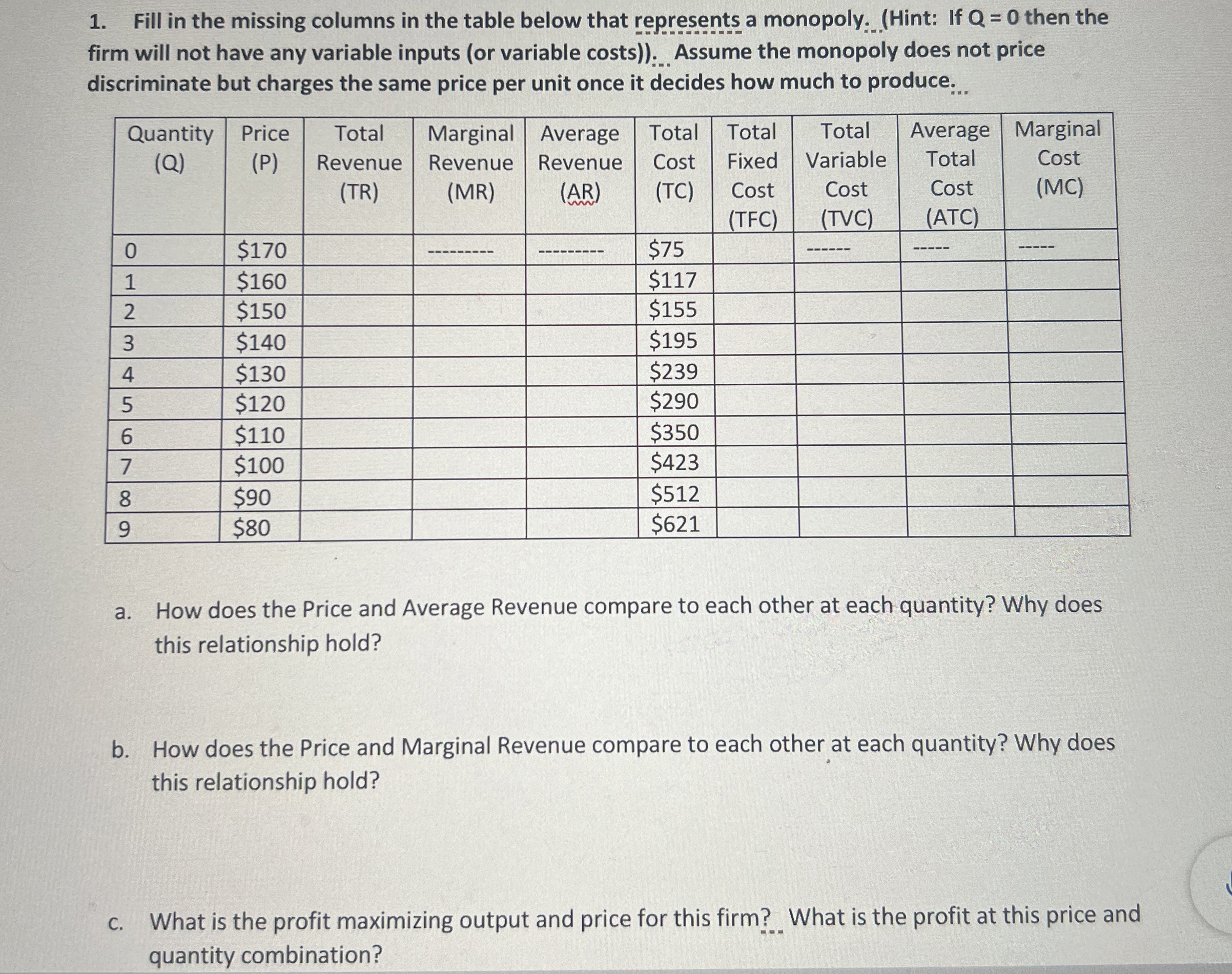 Fill in the missing columns in the table below that | Chegg.com