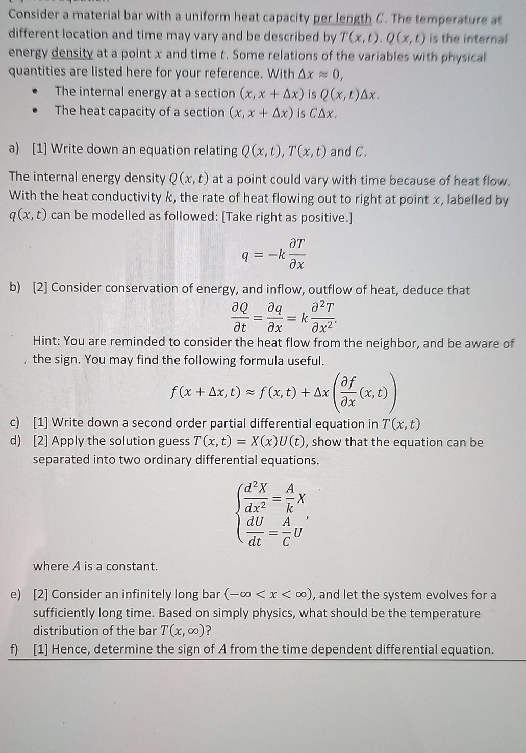 Solved Consider a material bar with a uniform heat capacity | Chegg.com