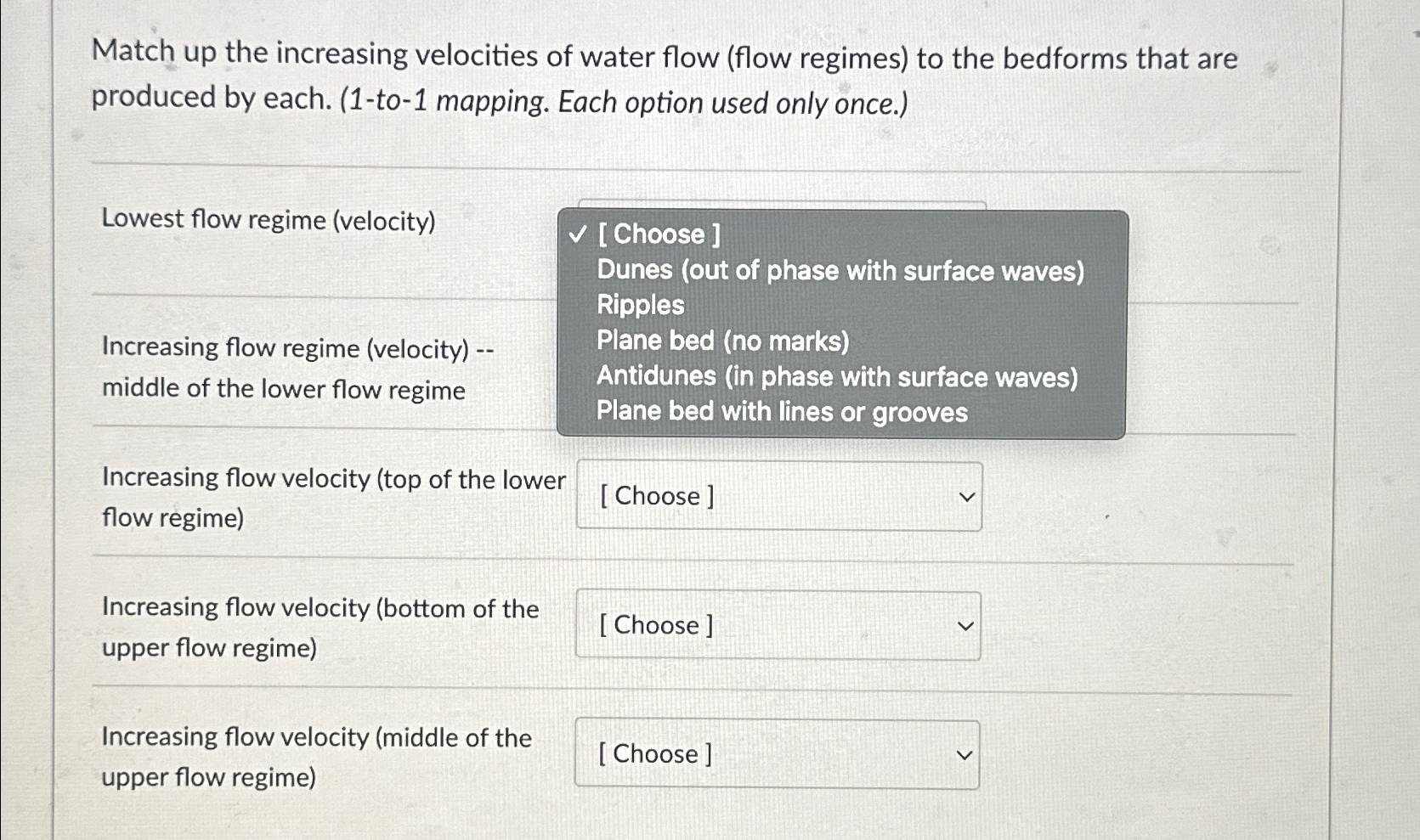 Solved Match up the increasing velocities of water flow | Chegg.com
