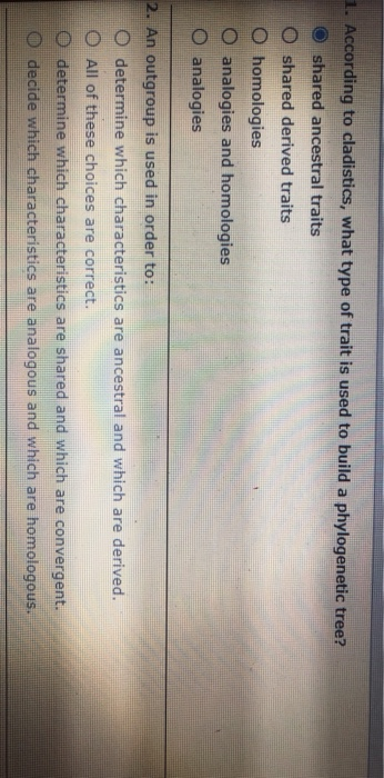 Solved 1. According to cladistics, what type of trait is | Chegg.com