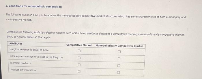 Solved 1. Conditions for monopolistic competition The | Chegg.com