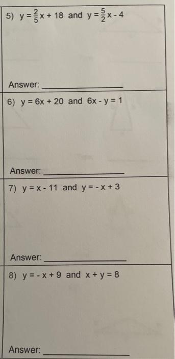Solved 5) y = {x + 18 and y=x-4 Answer: 6) y = 6x + 20 and | Chegg.com