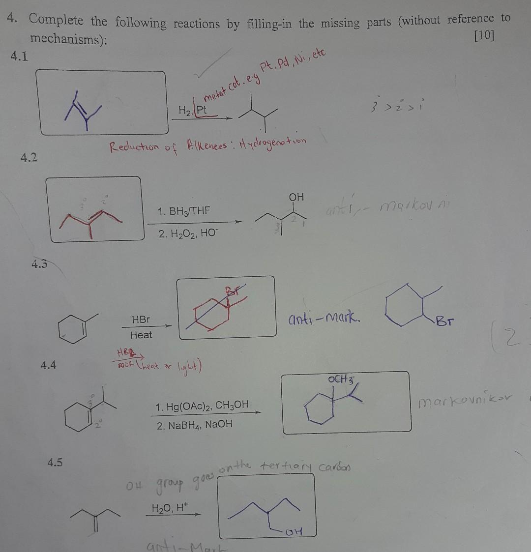 Solved 4. Complete the following reactions by filling-in the | Chegg.com