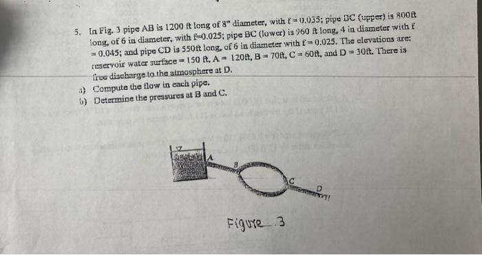 5. In Fig. 3 pipe AB is 1200ft long of 8′′ diameter, | Chegg.com