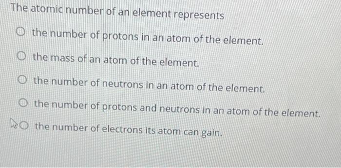 Solved The atomic number of an element represents O the | Chegg.com