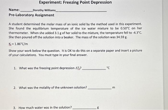 Solved Name: Dorothy Williams Pre-Laboratory Assignment A | Chegg.com
