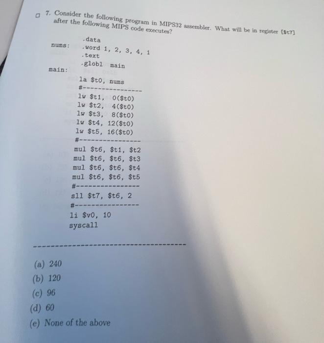 Solved (a) 240 (b) 120 (c) 96 (d) 60 (e) None of the above | Chegg.com