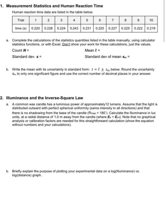 Solved 1. Measurement Statistics and Human Reaction Time | Chegg.com