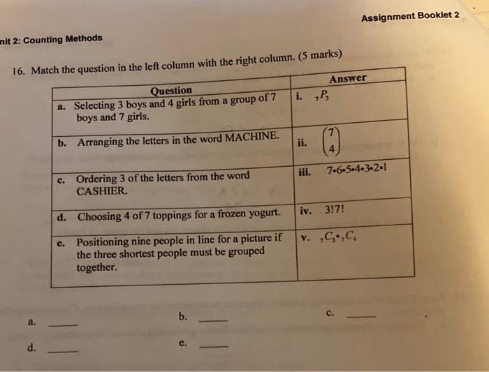 Solved Assignment Booklet 2 nit 2: Counting Methods 16. | Chegg.com