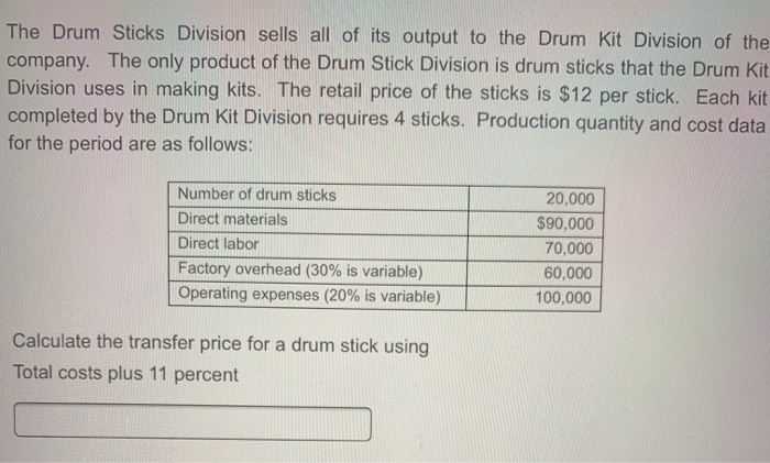 Solved The Drum Sticks Division sells all of its output to | Chegg.com