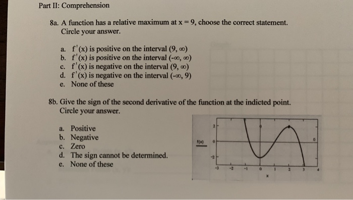 Solved Part II: Comprehension 8a. A function has a relative | Chegg.com