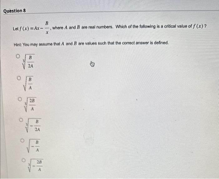 Solved Let f(x)=Ax−xB, where A and B are real numbers. Which | Chegg.com