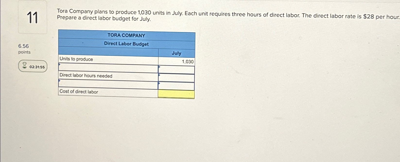 Solved 11 ﻿Tora Company plans to produce 1,030 ﻿units in | Chegg.com