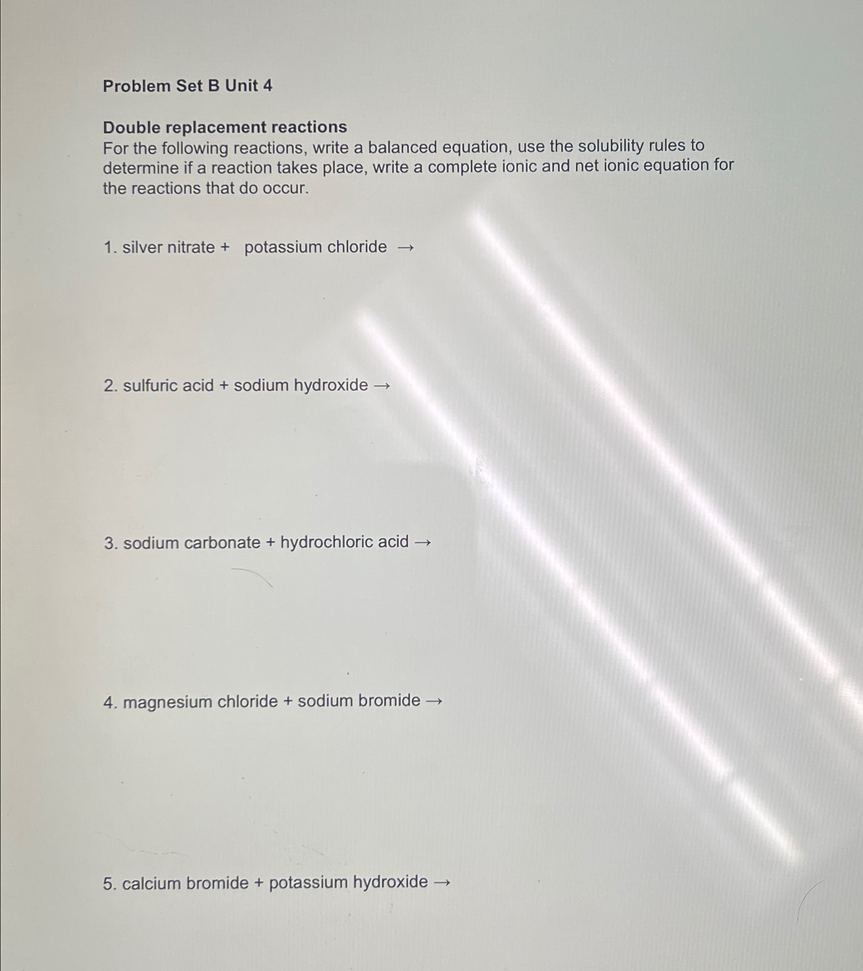 Solved Problem Set B Unit 4double Replacement Reactionsfor