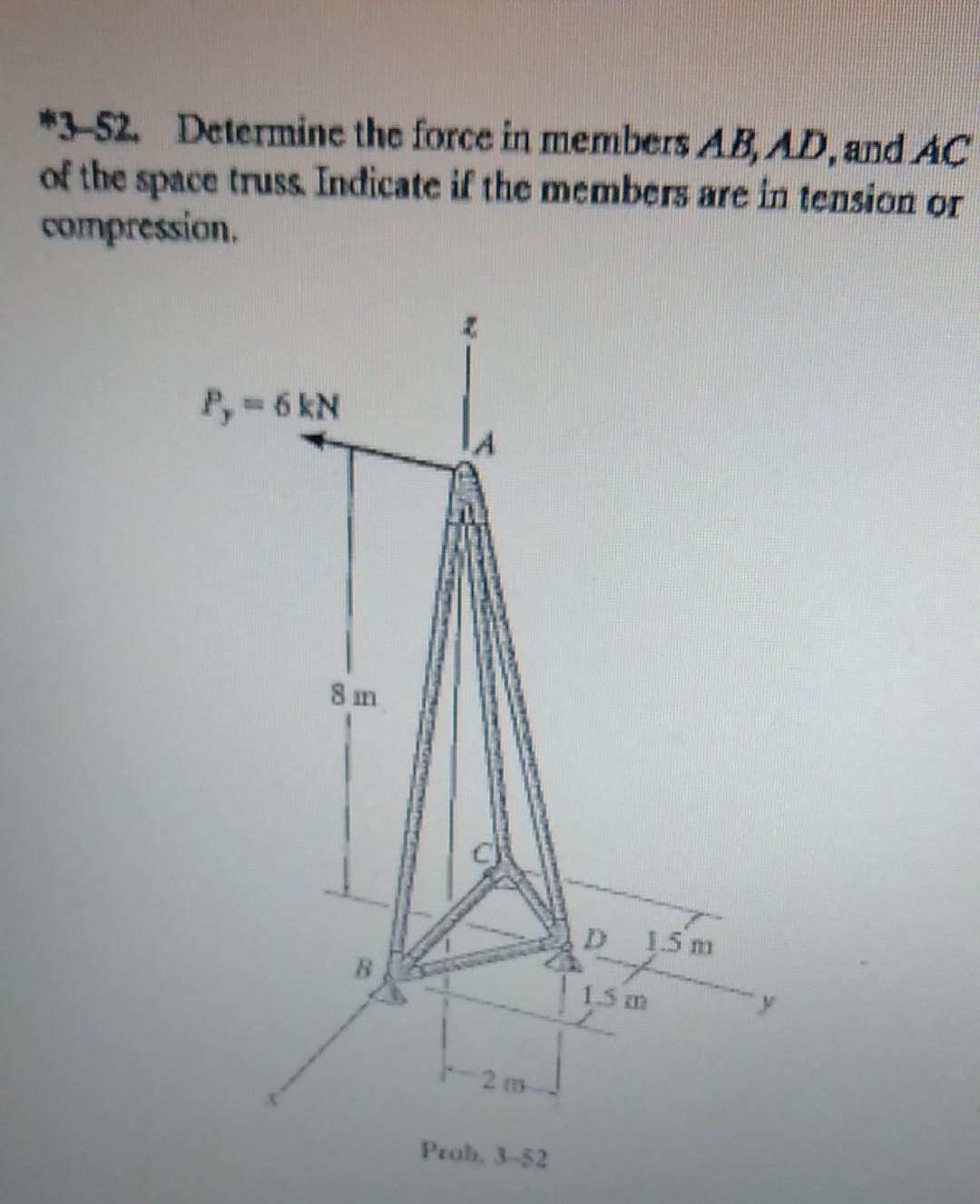 Solved 3 52 Determine The Force In Members Ab Ad And Ac