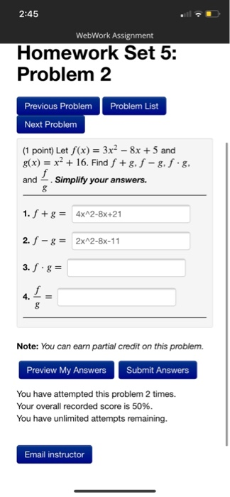 Solved 2:45 WebWork Assignment Homework Set 5: Problem 2 | Chegg.com