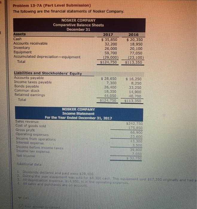 Solved Problem 13-7A (Part Level Submission) The following | Chegg.com