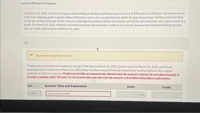 Solved On March 10, 2025. Ivanhoe Company sold to Metlock | Chegg.com